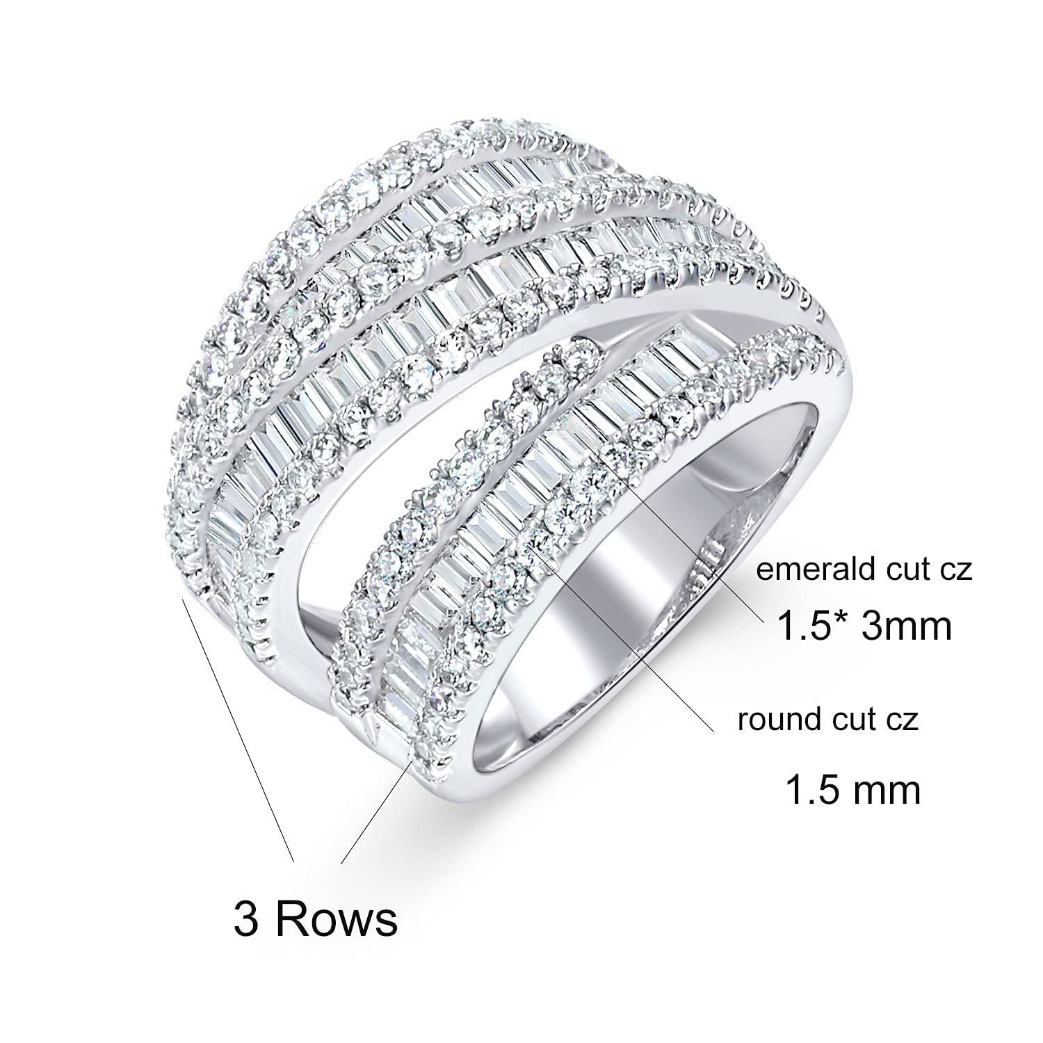 OPOMOMO Eternity Ring Wedding Bands,18K White Gold Plated 3 Rows Emerald Cut Lab Diamond Band Rings for Women Men (7) (C-white -3 rows, 7)