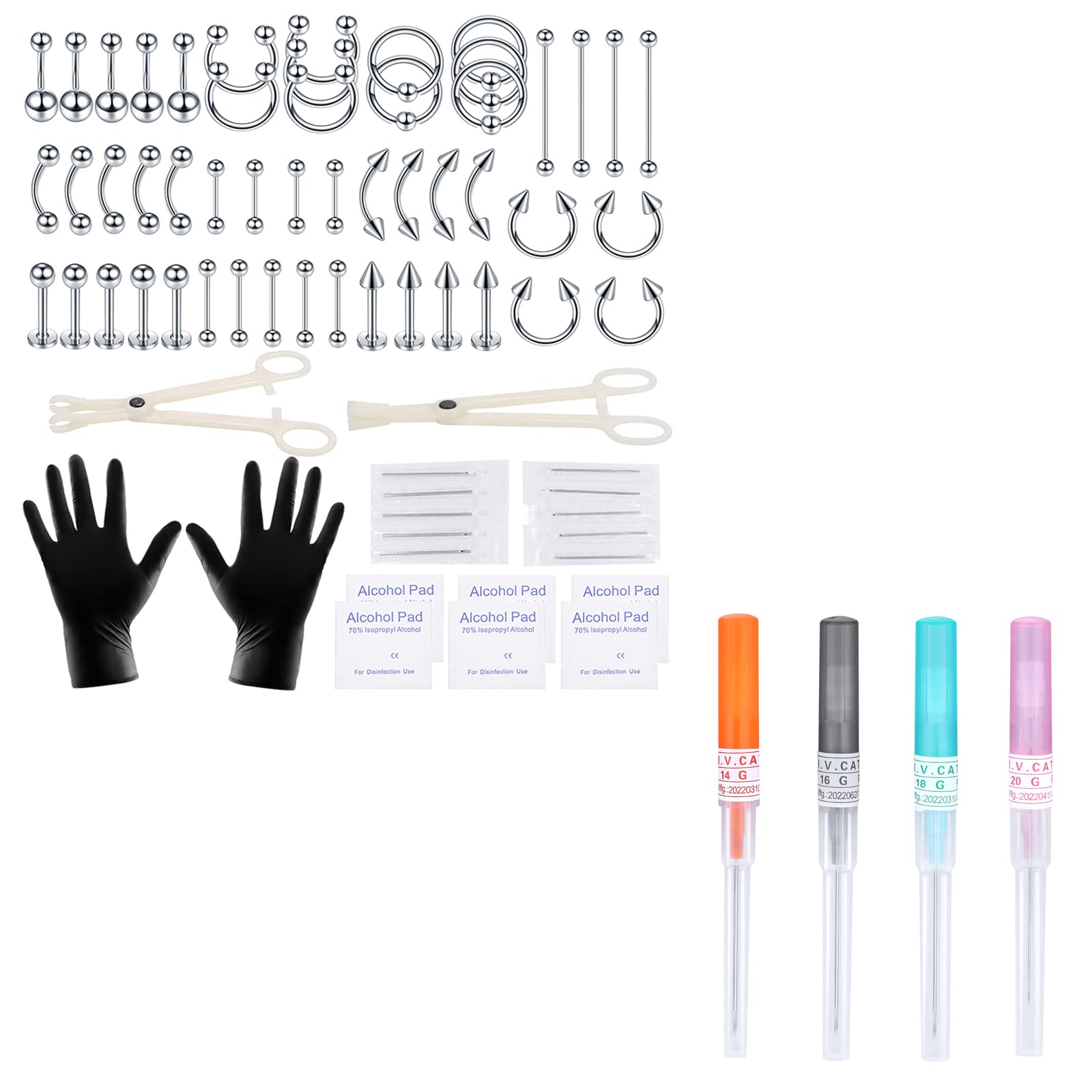 Xpircn Piercing Kit 14G 16G Body Piercing Jewelry Kit Tool, Catheter Piercing Needles Mixed 14G 16G 18G 20G IV Catheter Needles