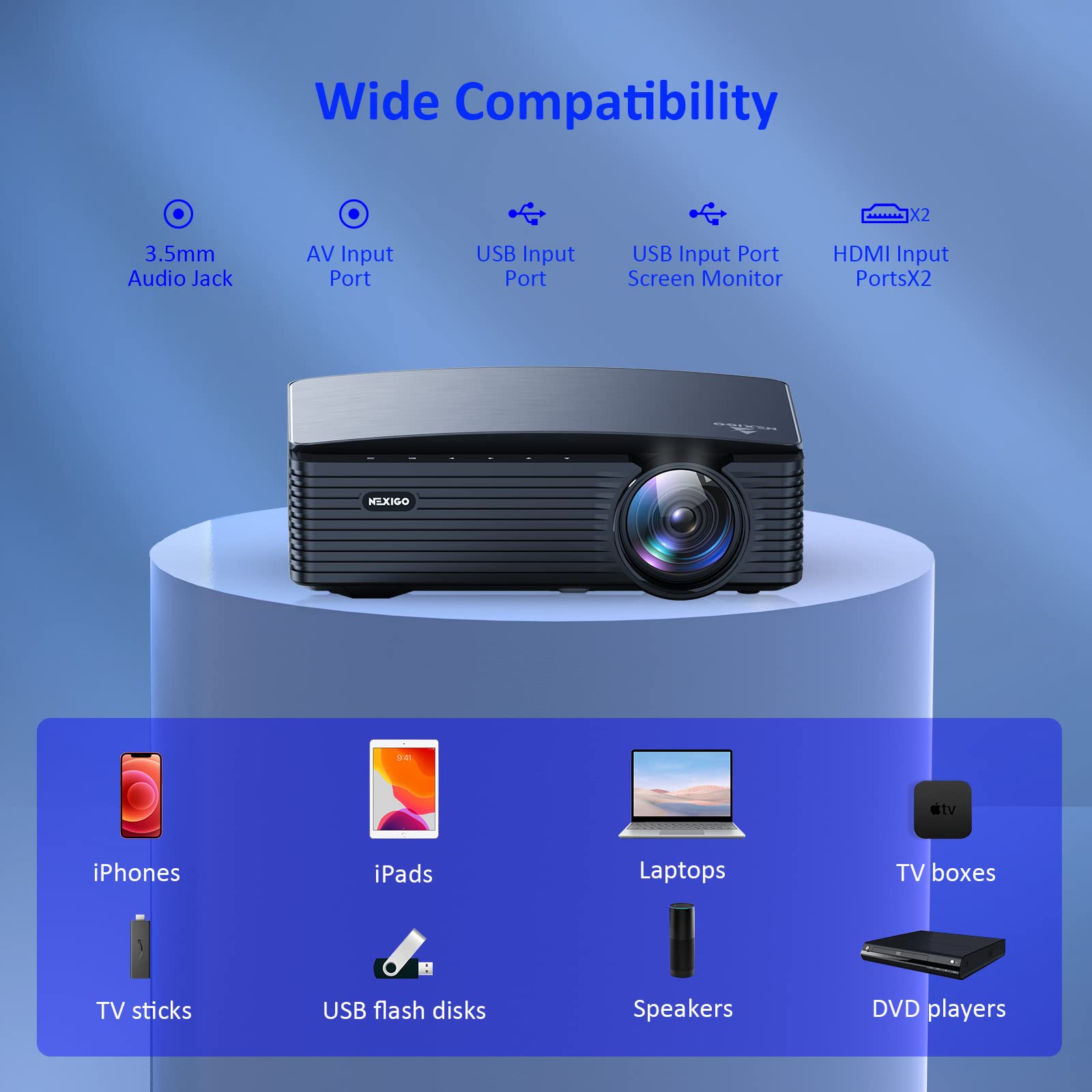 NexiGo PJ20 Outdoor Movie Projector with WiFi and Bluetooth, Native 1080P, Dolby_Audio Sound Support, Compatible w/TV Stick,iOS,Android,Laptop,Console (Renewed)