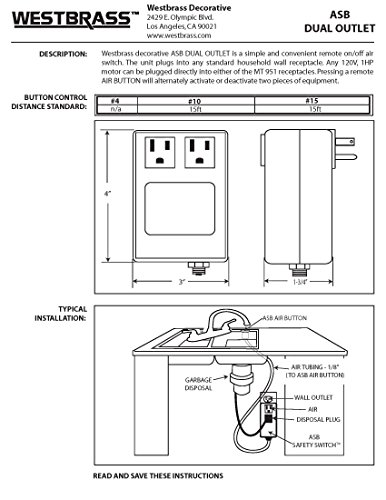 Westbrass ASB-2RB3-20 Sink Top Waste Disposal Air Switch and Dual Outlet Control Box, Raised Button, Stainless Steel