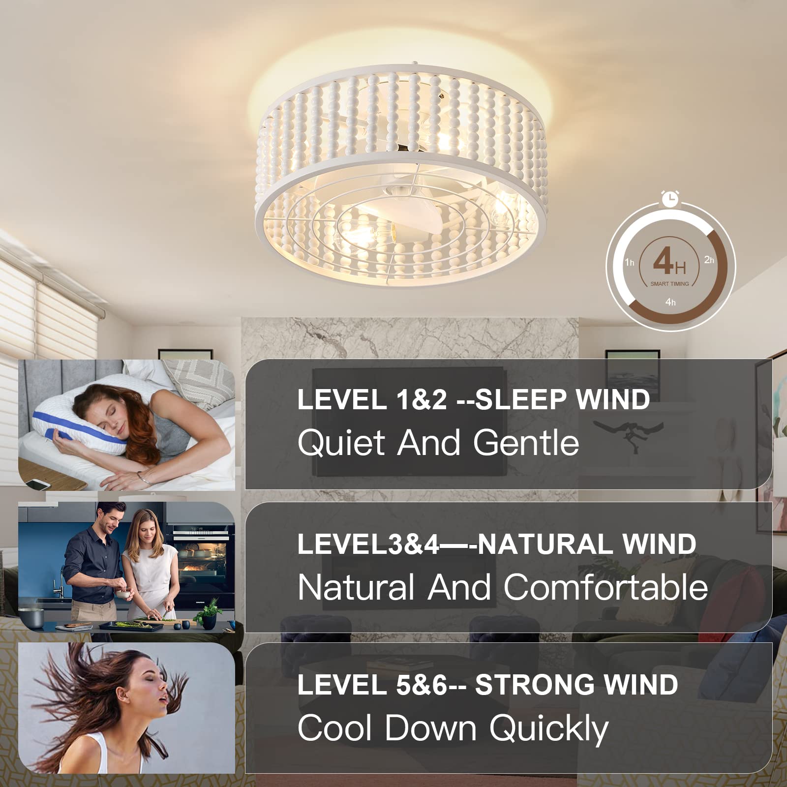Liokoc Ceiling Fans with Remote, Caged Ceiling Fan with Handcrafted Beaded Décor 6 Speeds Reversible 19 inches Bulbs Included for Flush Mount Ceiling, Off-White