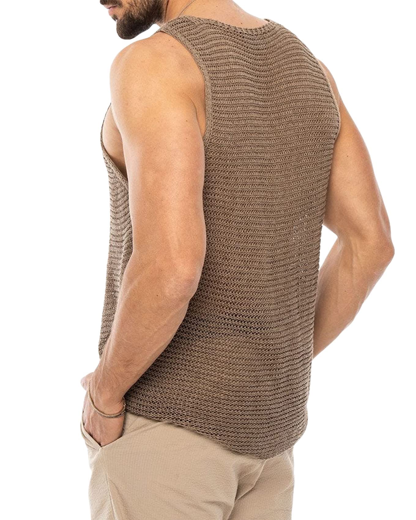Lanliun See Through Sleeveless Tank Tops for Men Casual Unique Workout Outdoor T Shirts Gym Muscle Shirts Brown