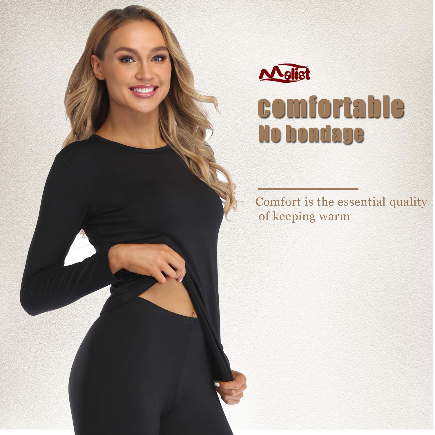 Malist Women's Thermal Underwear Ultra Soft Long Johns Top with Fleece Lined Set Black Small