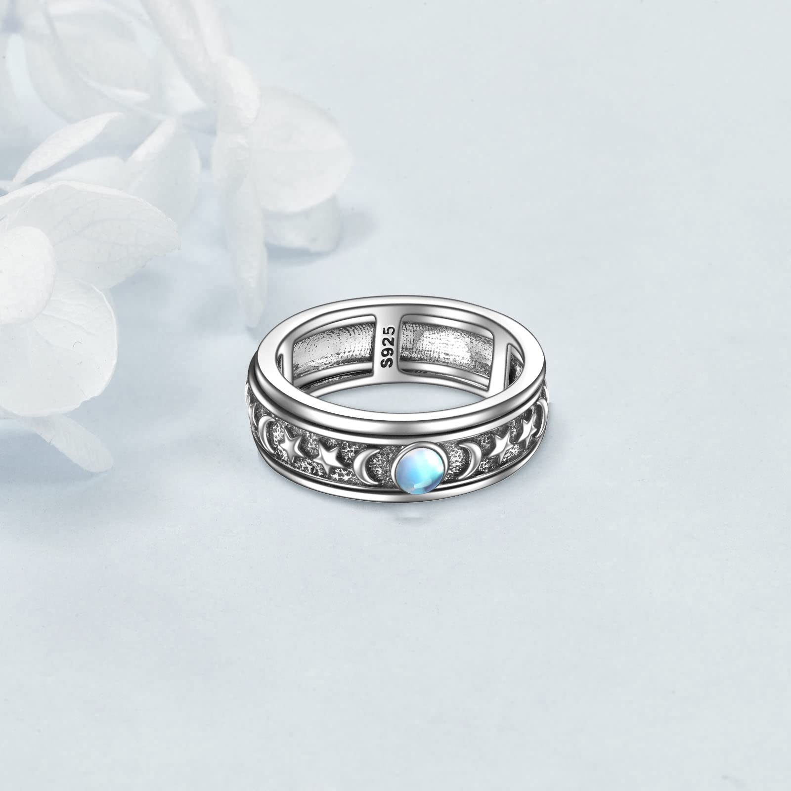 POPLYKE Sterling Silver Anxiety Spinner Rings Moonstone Moon And Star Ring Rotatable Mood Rings for Women Relieve Stress Gift(9 Size)