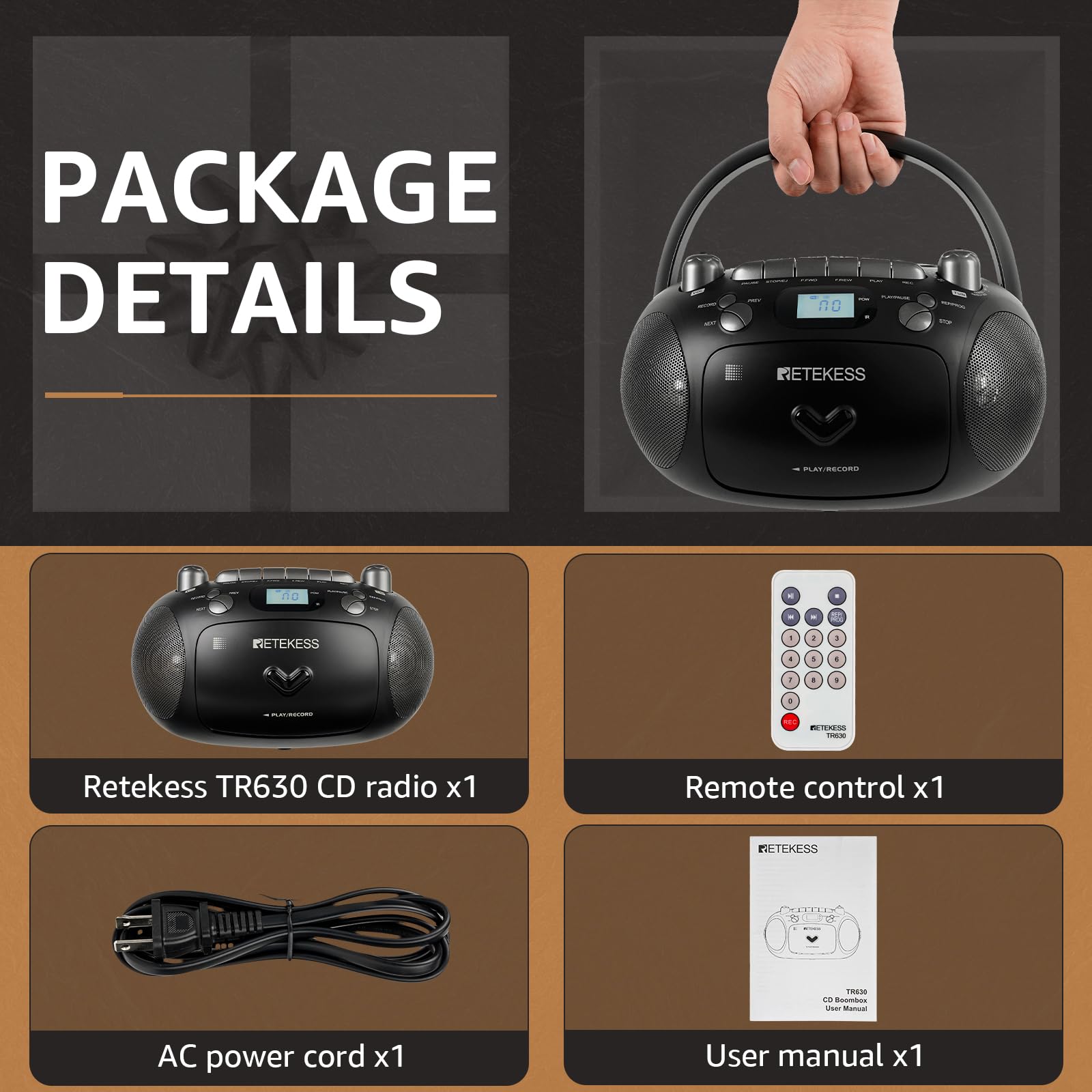 Retekess TR630 CD and Cassette Player Combo, Portable Boombox AM FM Radio, Bass Boost Speakers, Recording Transcription, USB, Micro SD, LCD Display for Family