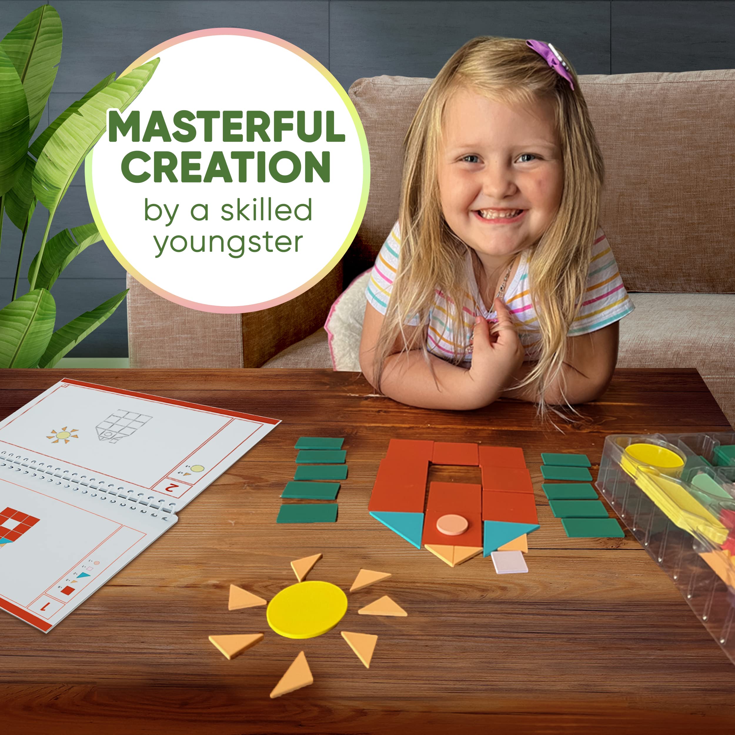 Wooden Pattern Blocks - Build Out Scenes Step by Step with Illustrated Guide Book or Using Imagination -Fun Montessori Toys for 3+ Year Old-Tangram Shapes Puzzle 160 Pieces - Learning & Education Toys