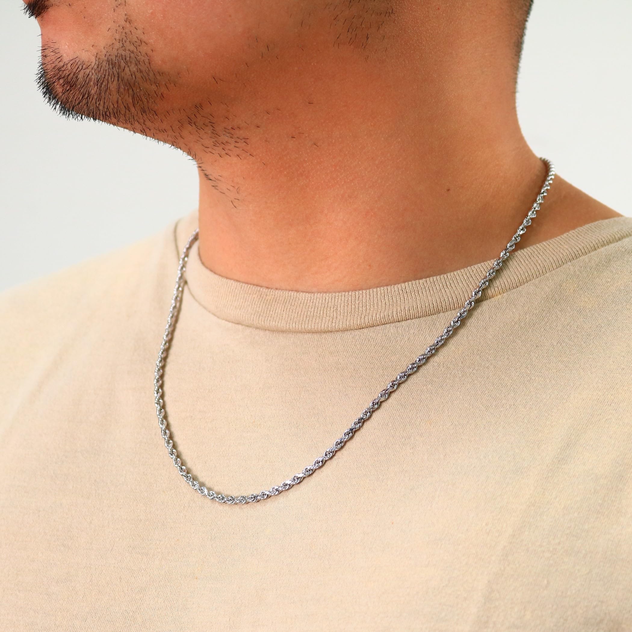 Nuragold 10k White Gold 3mm Rope Chain Diamond Cut Pendant Necklace, Mens Womens Jewelry 16" 18" 20" 22" 24" 26" 28" 30"