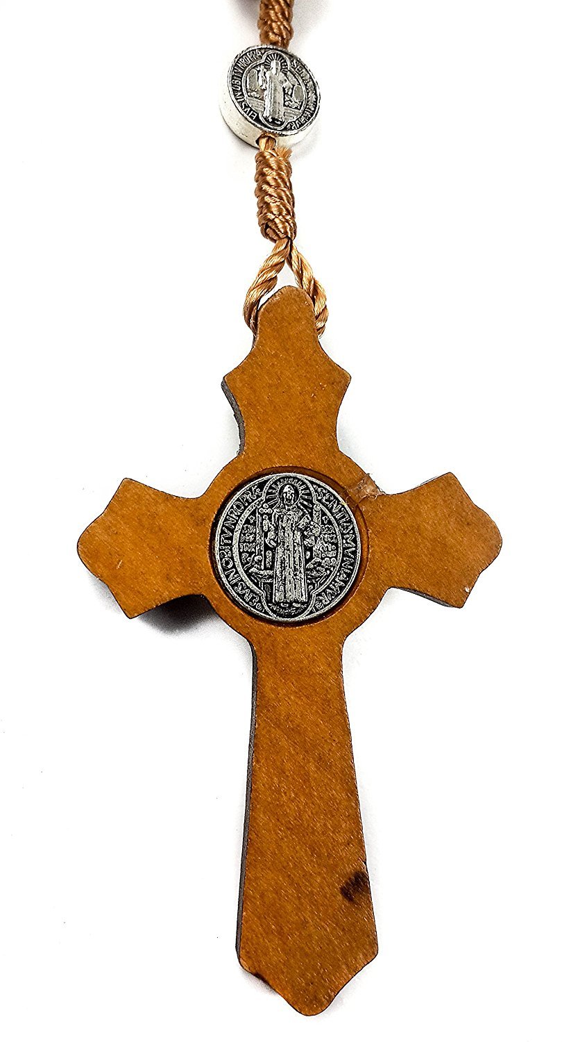 Nazareth Store Wood Beads Rosary Necklace Saint Benedict Medal & Catholic Cross Religious Prayer Chaplet String Handmade - Velvet Bag