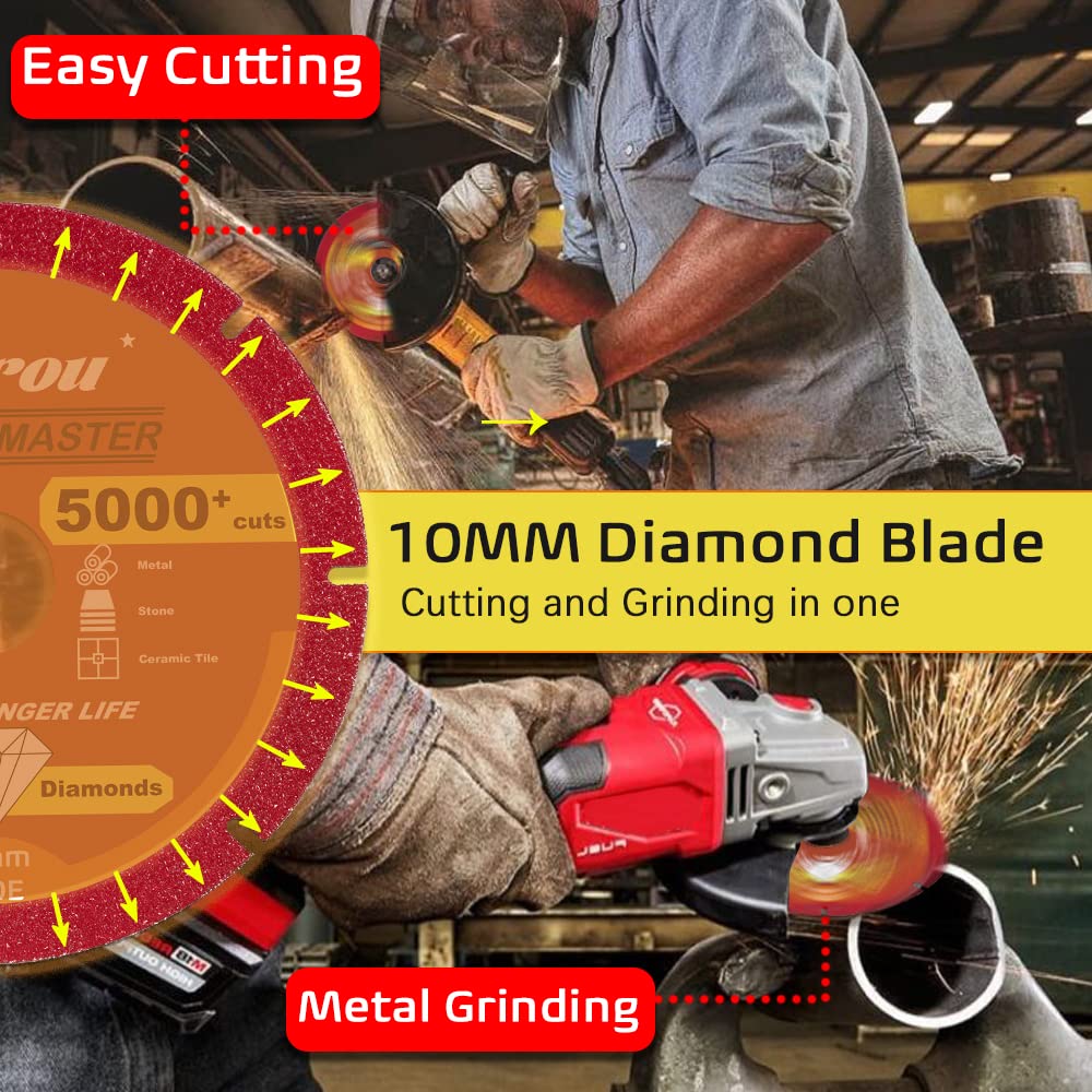 Rokrou Cutting and Grinding in One Diamond Brazed Cut Off Wheel Blade 4 1/2" for Angle Grinder, Cut Off Wheel Capable of 5000+ Cuts,7/8" Arbor Wide for Metal, Rebar, Iron, Brass …