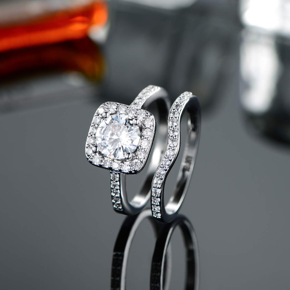 OPOMOMO Engagement Ring Set,18K White Gold Plated Cubic Zirconia Promise Eternity Rings for Women Pack of 2 PCS (5)