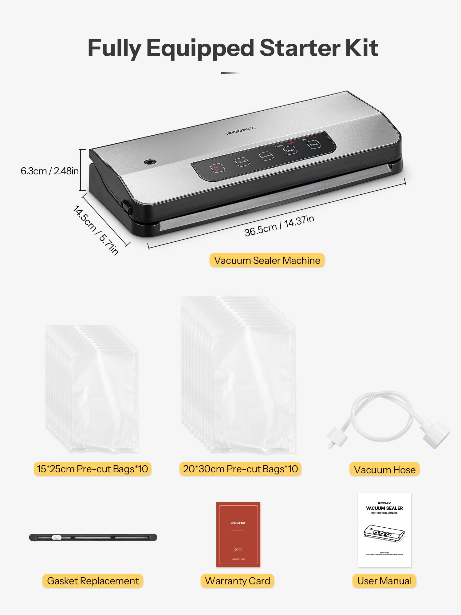 Vacuum Sealer Machine, Reemix Automatic Food Vacuum Sealer with Starter Kit, Air Sealing for Food Storage with 20 Bags, Pulse Function, Moist&Dry Mode and External VAC