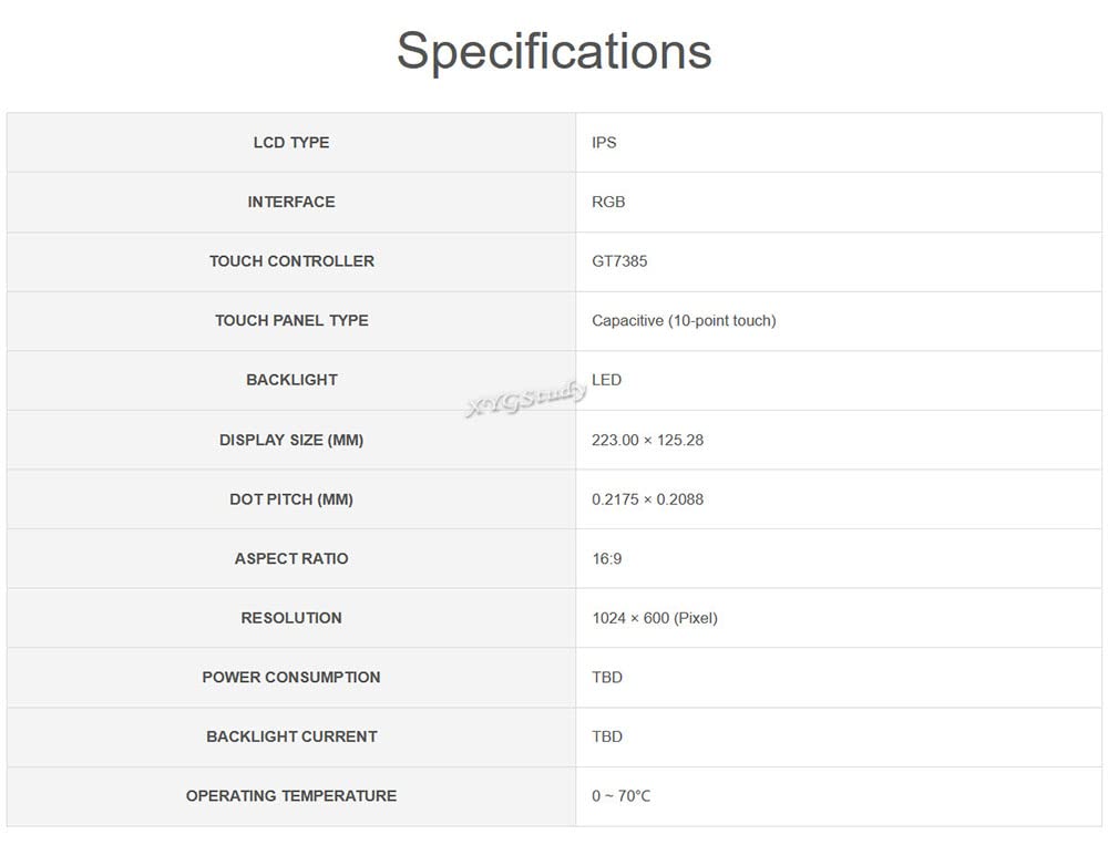 XYGStudy 10.1inch Capacitive Touch LCD (F), 1024 × 600, Toughened Glass, IPS Panel