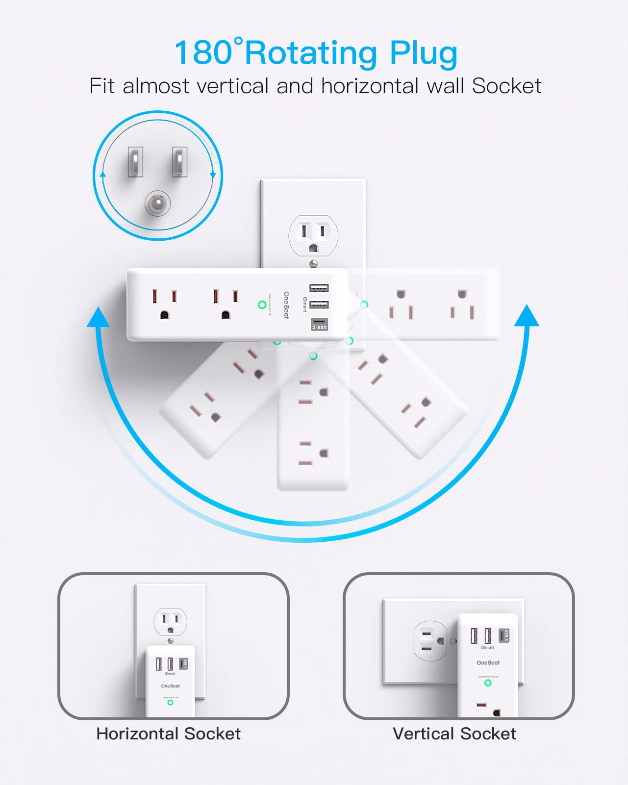 Surge Protector Outlet Extender - with Rotating Plug, 6 AC Multi Plug Outlet with 3 USB Ports (1 USB C), 1800 Joules, 3-Sided Swivel Power Strip with Spaced Outlet Splitter for Home, Office, Travel