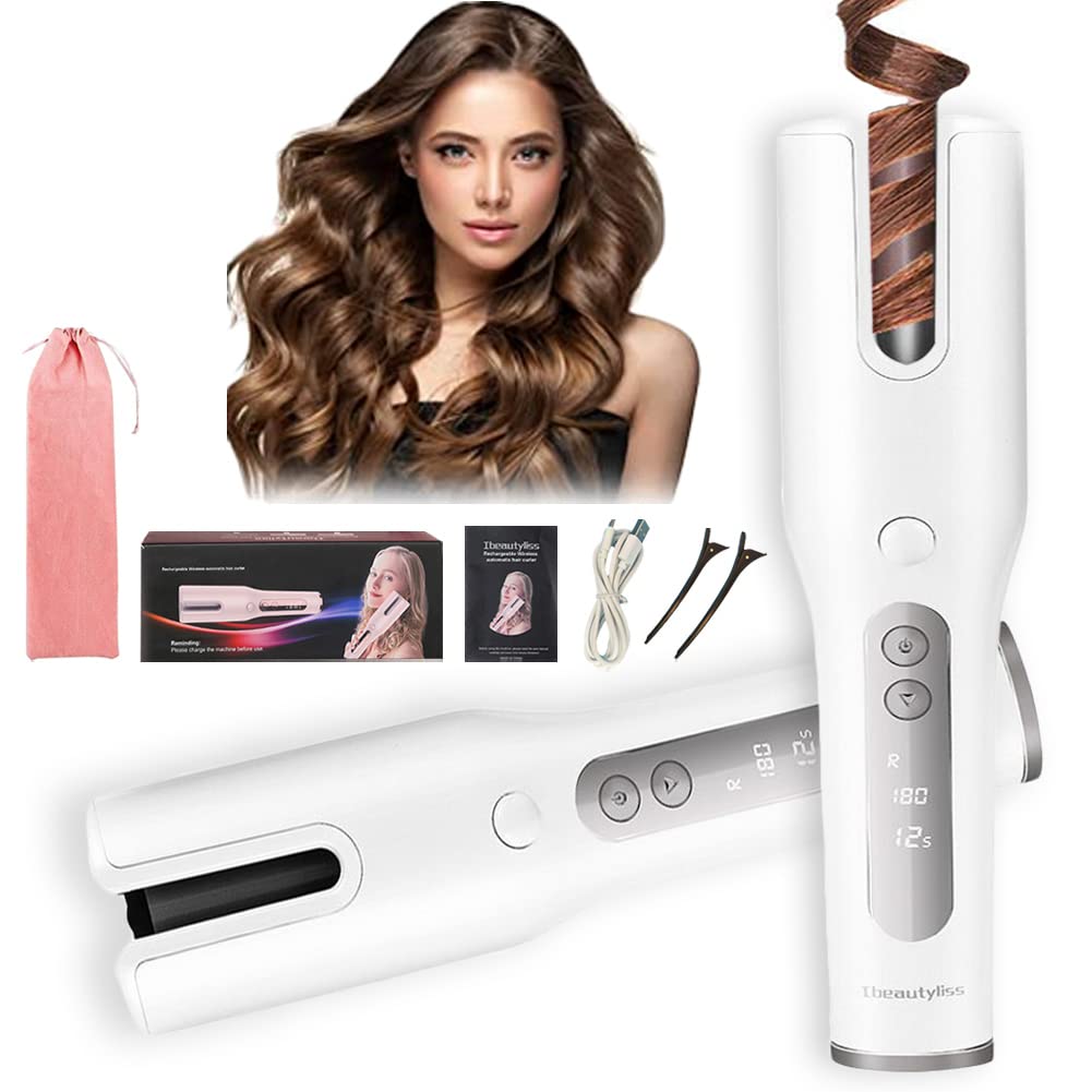 LANSE Rechargeable Cordless Automatic Hair Curler Portable Curling Stick Thermal Insulation Anti-scalding Design Smart Constant Temperature Curling Iron (White)