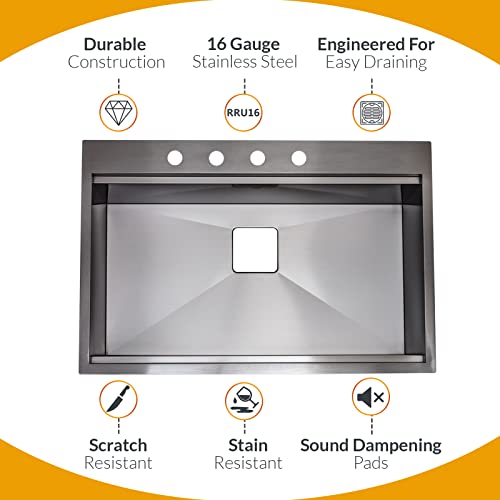 Strictly Sinks 33β Topmount Kitchen Workstation Sink-Gunmetal Black Single Bowl 16 Gauge Stainless Steel Drop In Sink, Acrylic Cutting Board,Cutting Board with Strainer Bowl & Bottom Protector Grid