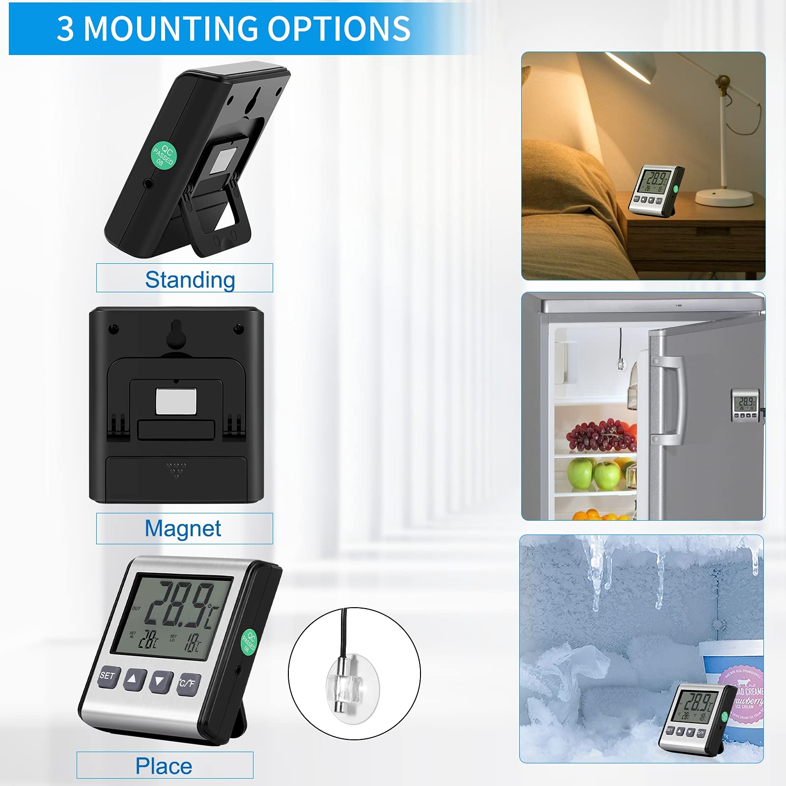 Refrigerator Thermometer,frdge Thermometer,Freezer Thermometer, Extra Sensor,Big LCD,Stainless Panel