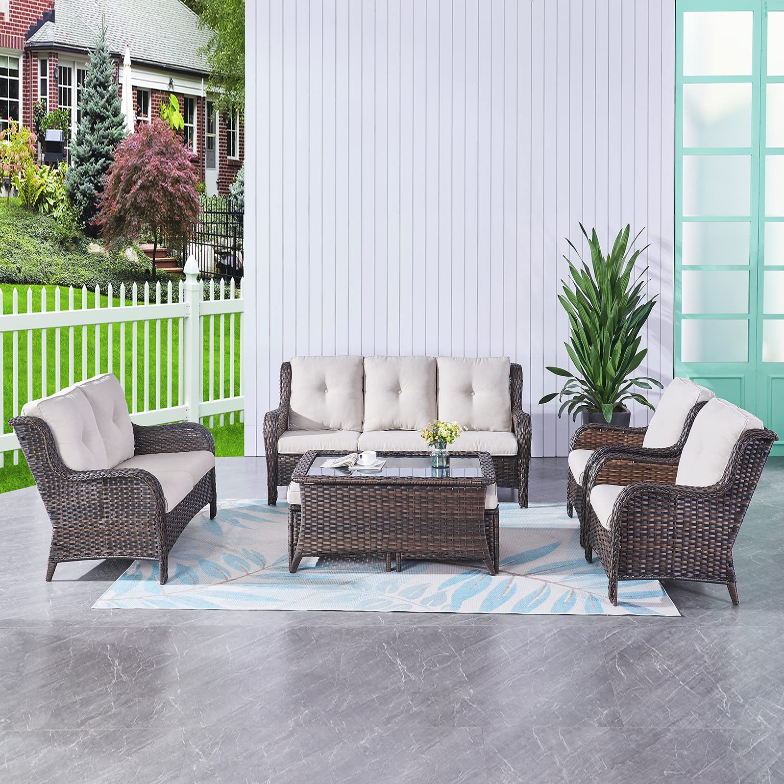 Rilyson Outdoor Patio Couch Wicker Sofa - 3 Seater Rattan Sofa for Outside Patio Garden Porch with Deep Seating and Cushions(Brown/Blue)