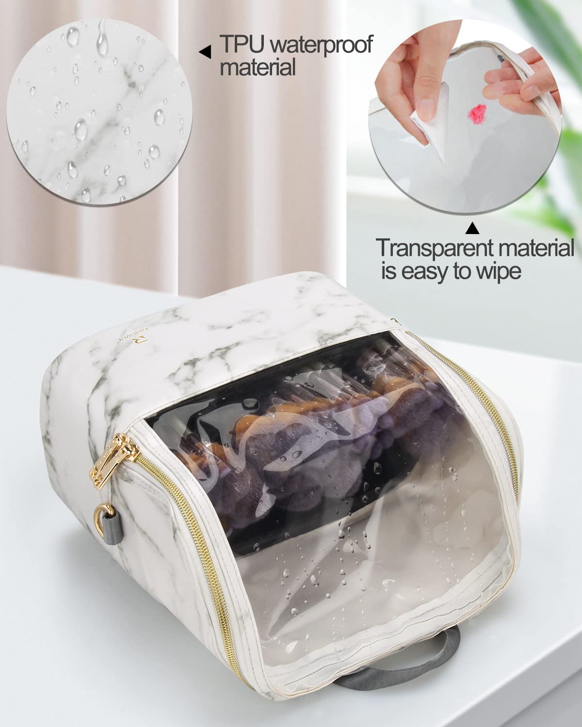 Makeup Brush Case, Stand-up Makeup Cup, Makeup Brush Holder, Travel Professional Cosmetic Bag (large size marble, Large)