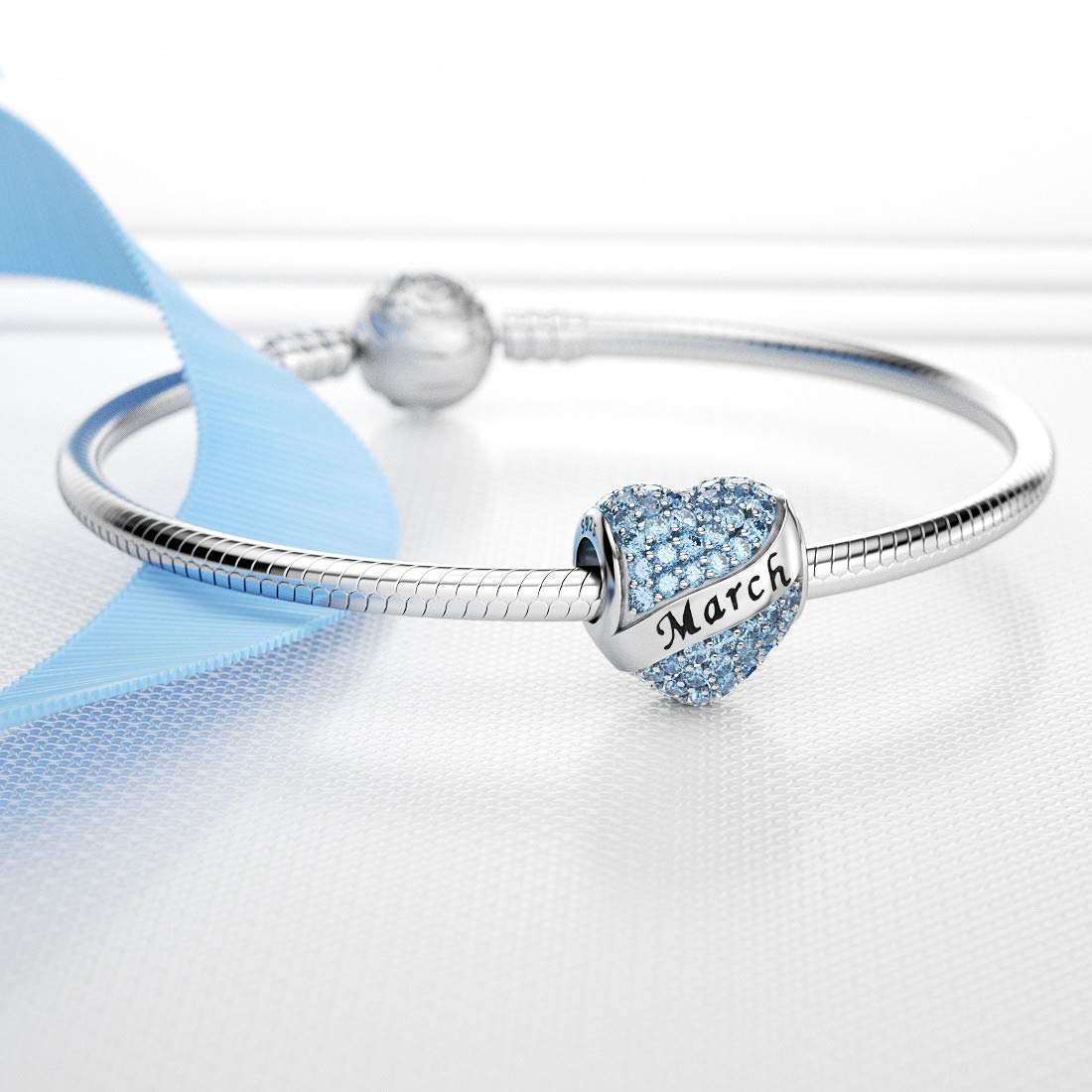 March Birthstone Charms for Pandora Charms Bracelet Sterling Silver Heart Bead Happy Birthday Charms for Bracelets Necklace