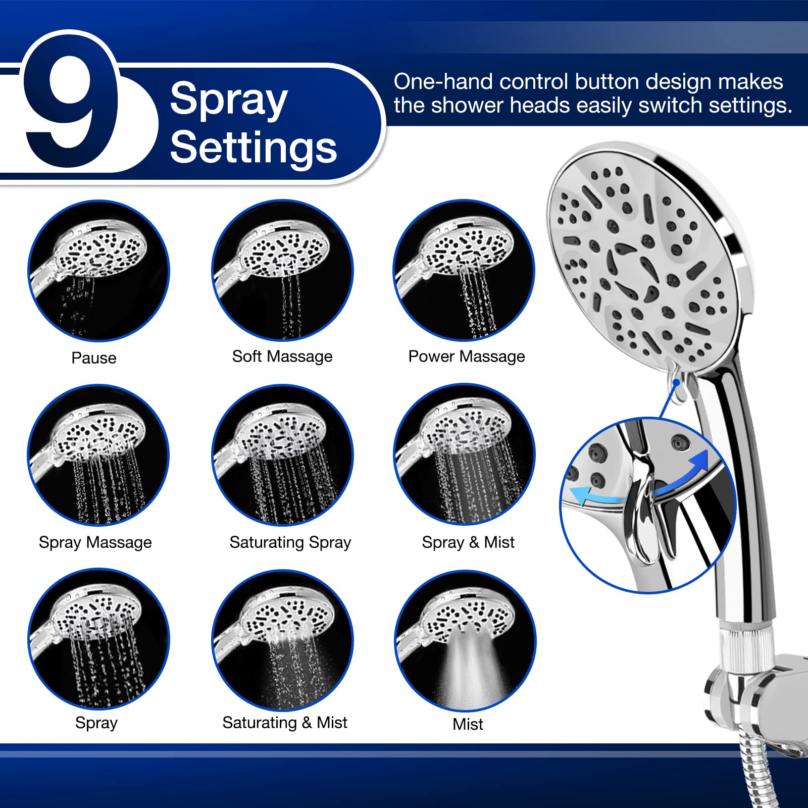 Ordenado Shower Heads with Handheld, 10" Rainfall Shower Head and 9-Setting High Pressure Handheld Shower Heads Combo, Dual Big ShowerHead with 11" Adjustable Extension Arm and 60" Stainless Hose