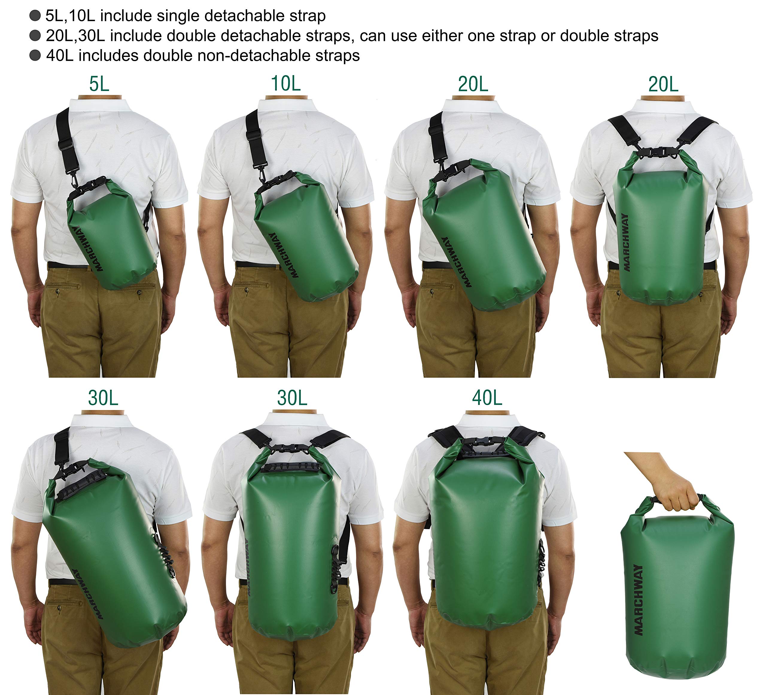 MARCHWAY Floating Waterproof Dry Bag Backpack 5L/10L/20L/30L/40L, Roll Top Sack Keeps Gear Dry for Kayaking, Rafting, Boating, Swimming, Camping, Hiking, Beach, Fishing (Dark Green, 40L)