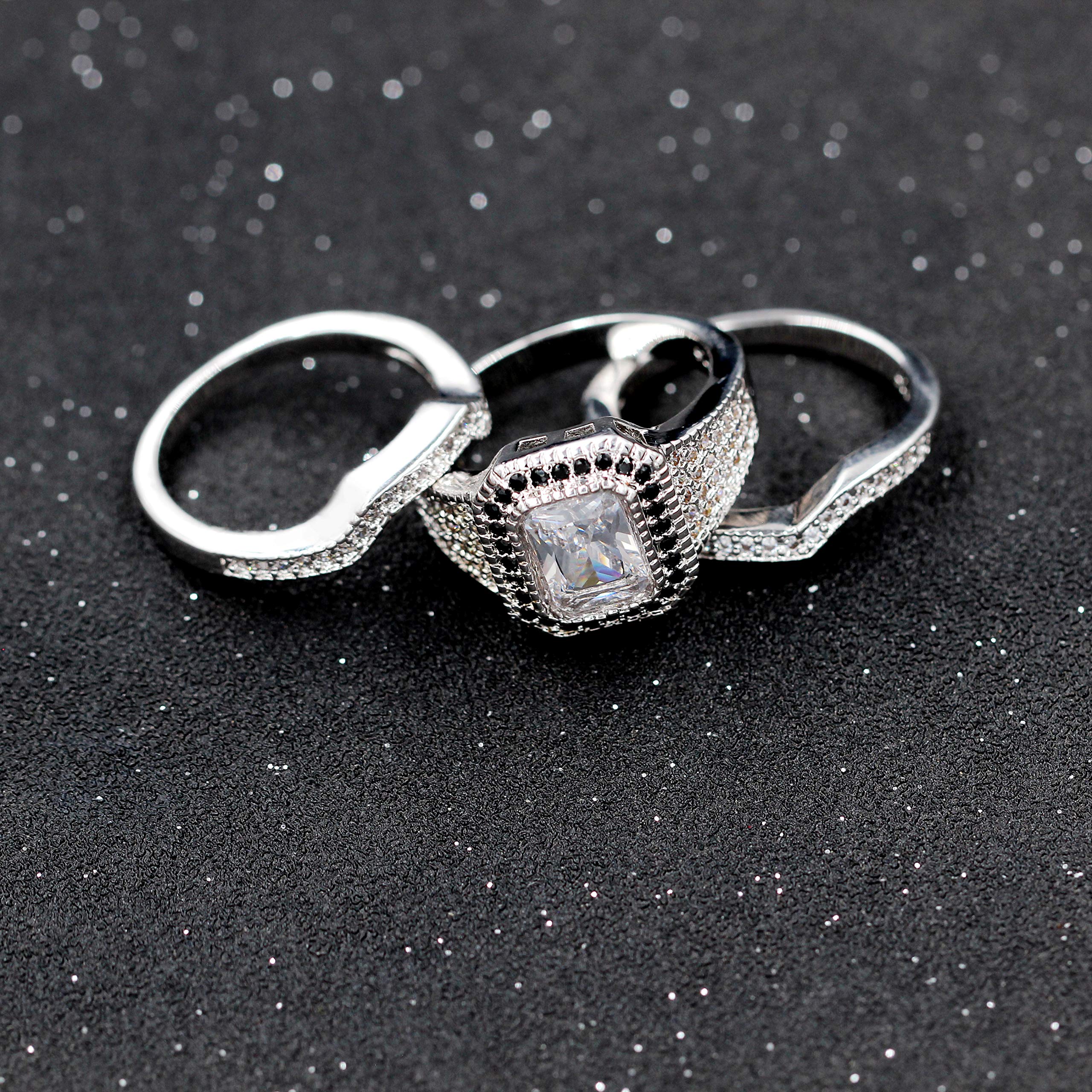 NC Rhodium Plated Simulated Diamond Cluster Square Wedding Bands Bridal Rings, Men & Women's Engagement Ring Trio Set (Size 9)