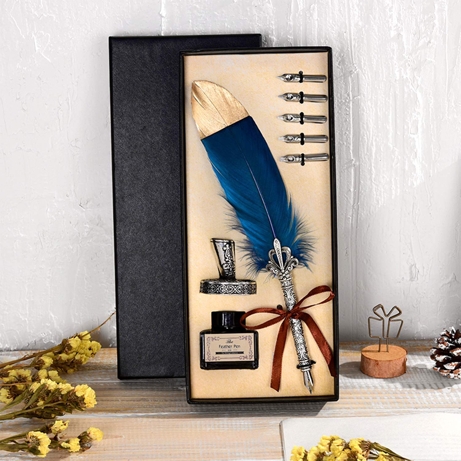Quill Pen, Handmade Quill Feather Pen Set Antique Calligraphy Writing Quill Pen with Ink, Feather Pen with Ink and Steel Tips Calligraphy Set Quill Pen,6 Replacement Nibs/Contains ink(Navy Blue)1