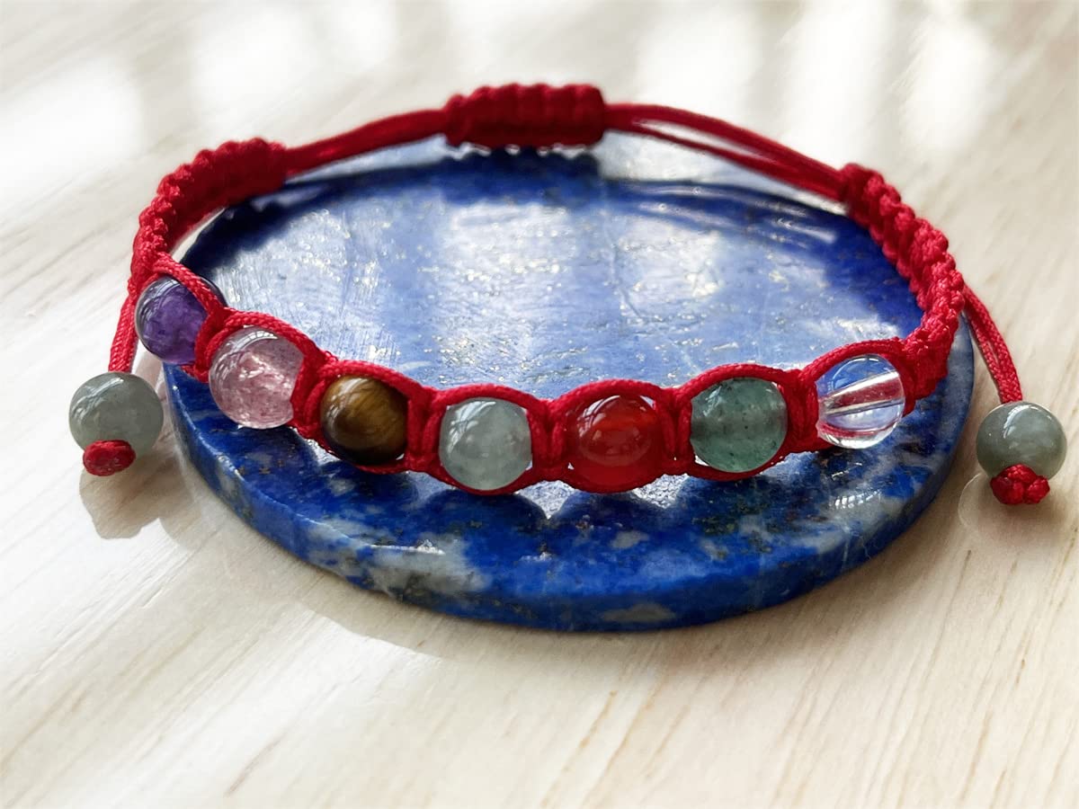 Qordelia 925 Sterling Silver Lucky Flower with 7 Chakra Gem Red String Bracelet Birthday Gift Mother's Day Gift, Adjustable, Size 2, Adjustable