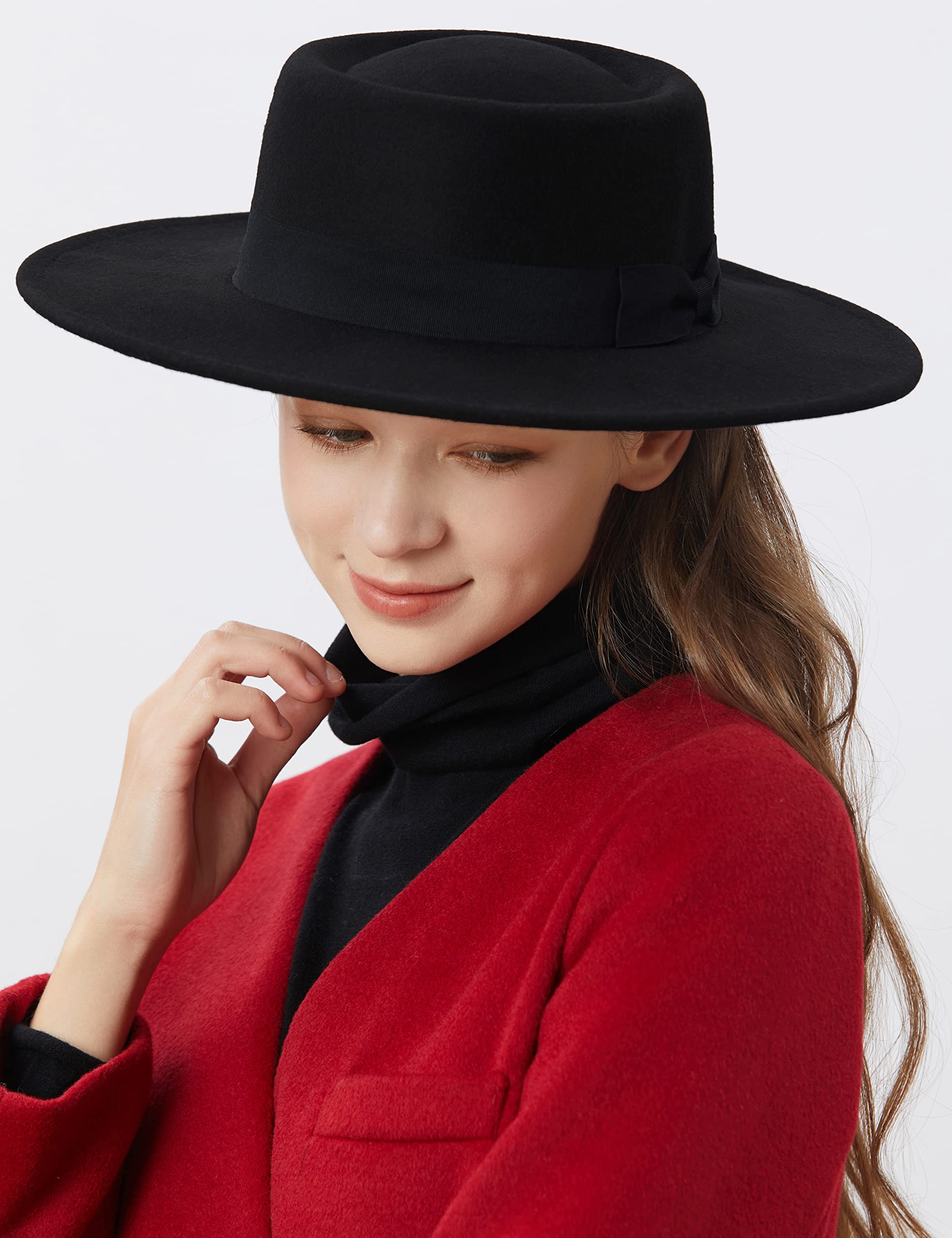 PORSYOND Wide Brim Felt Fedora Hat Men Women Panama Jazz Hat Trilby Hat with Bowknot Band (Black)