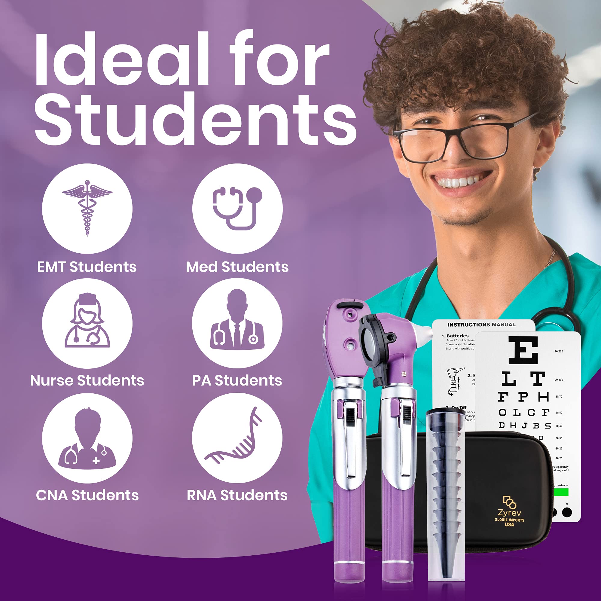 Zyrev ZetaLife Duplex Otoscope Set with 50 Extra Disposable Tips, Purple