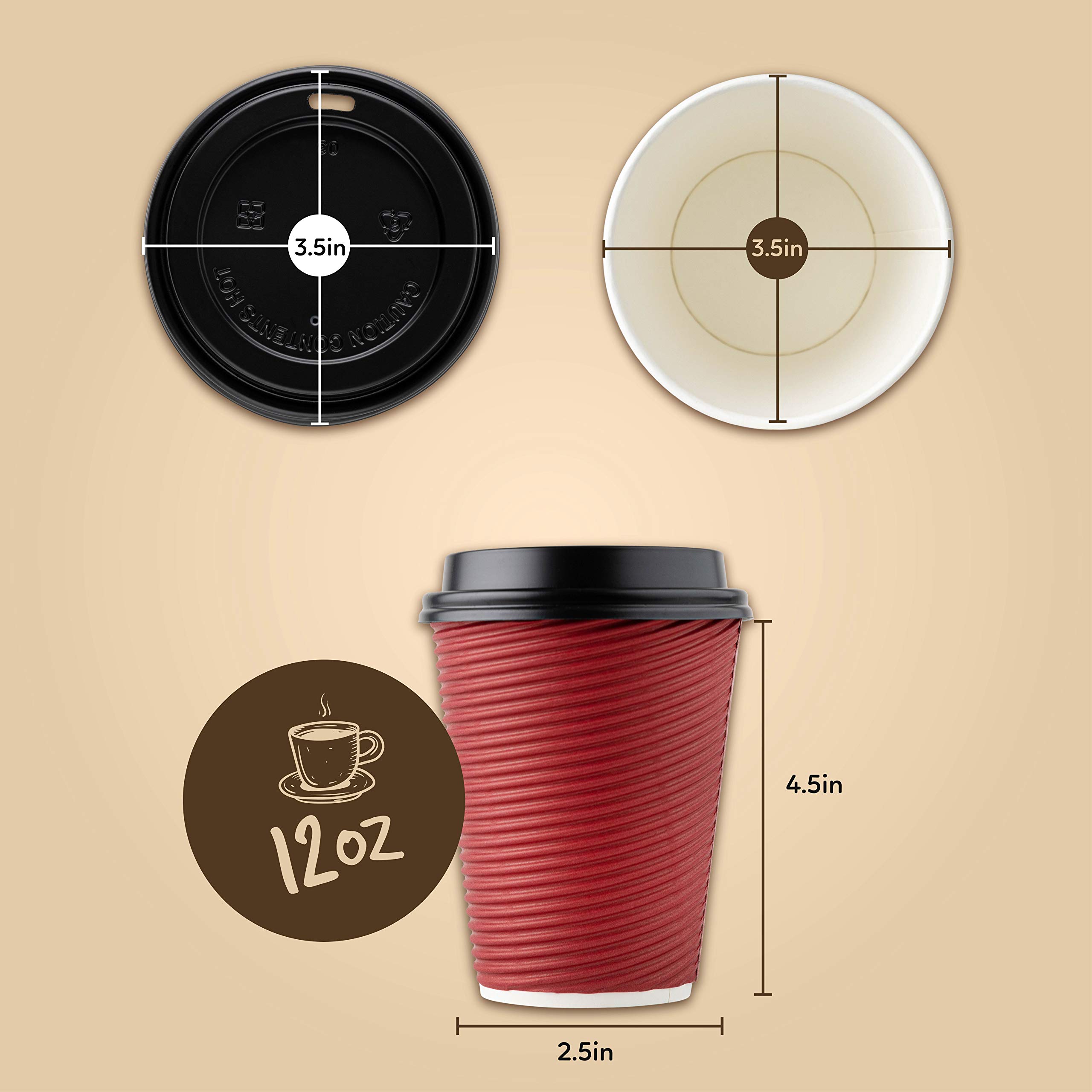 PLASTICPRO [50 Sets - 12 oz.] Insulated Rippled Double Wall Paper Hot Coffee Cups With Lids, Burgundy