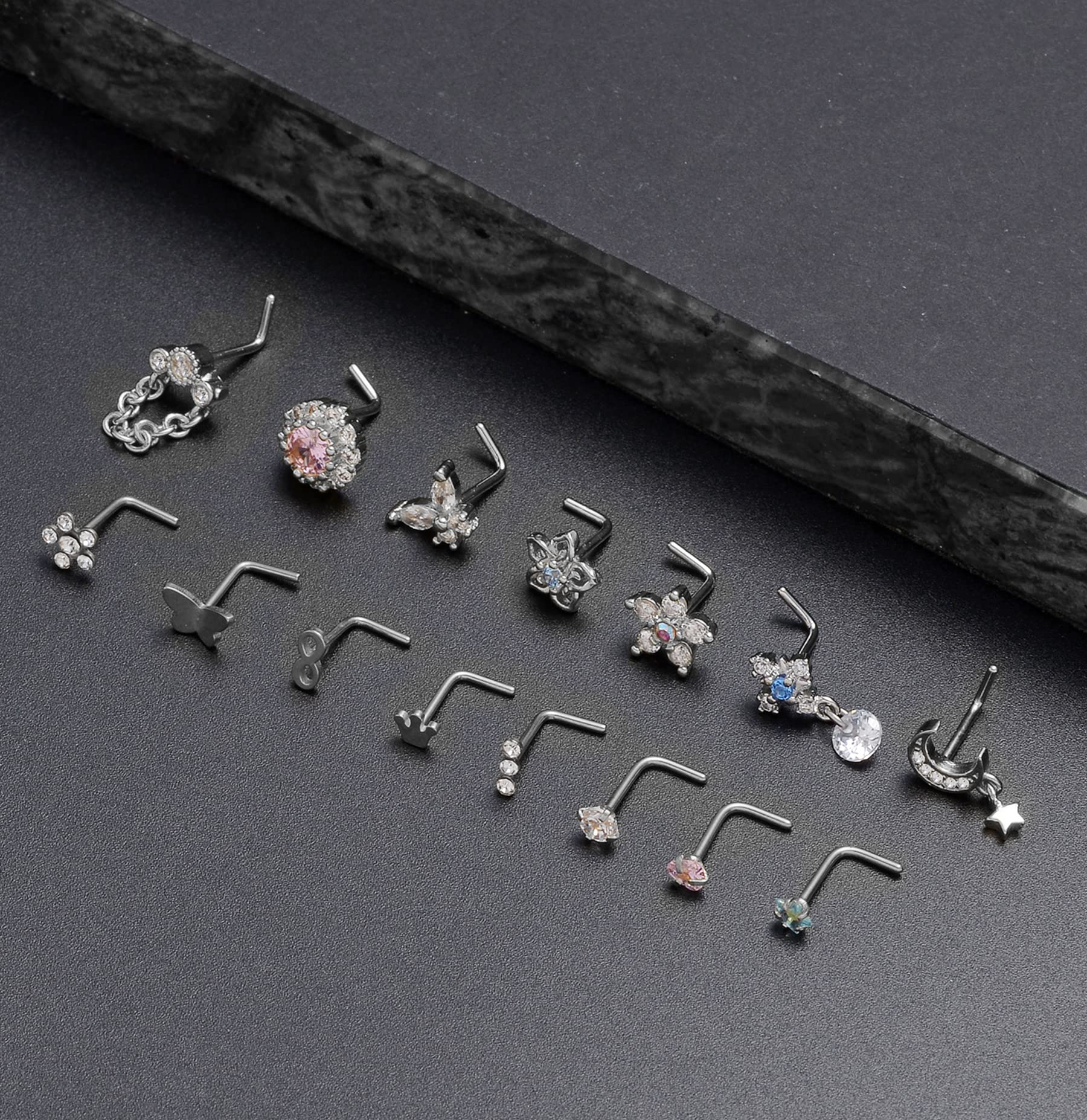 Tornito 16Pcs Dangle Nose Rings Stud L Shaped Cubic Zirconia Butterfly Heart Star Moon Flower Crown Assorted Shape Stainless Steel Nostril Piercing Jewelry for Women Men 20G Silver Tone