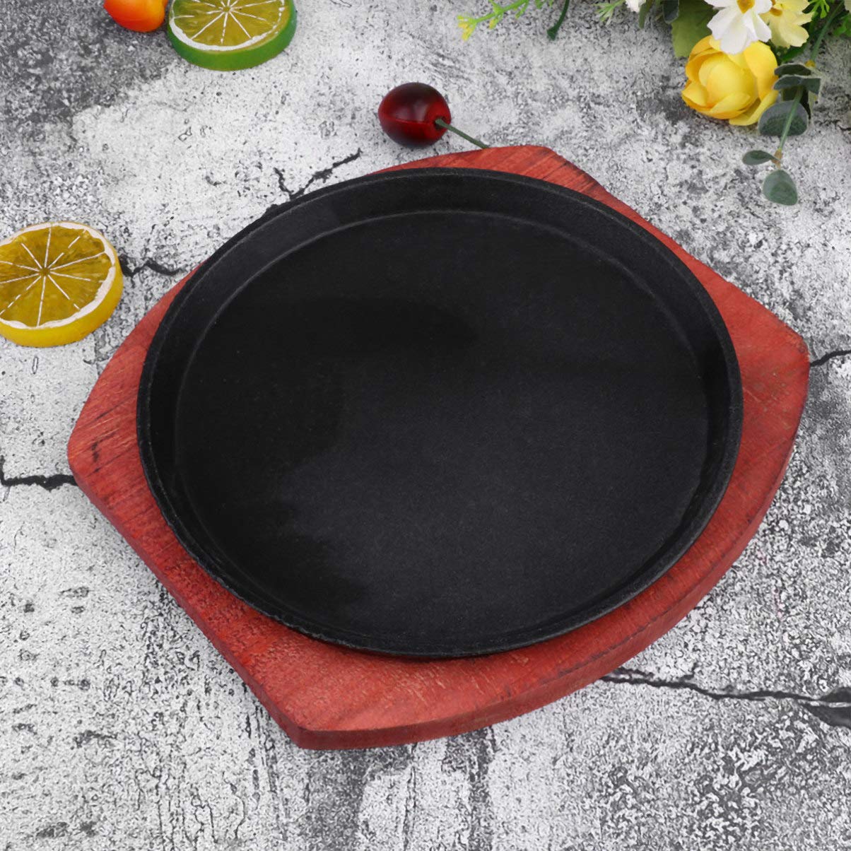 Sizzling Plate With Wooden Base: Cast Iron Steak Plate Metal Steak Serving Platters Teppanyaki Plate Use or Restaurant Supply(Grill Pan Size:19cm/7.4inch)