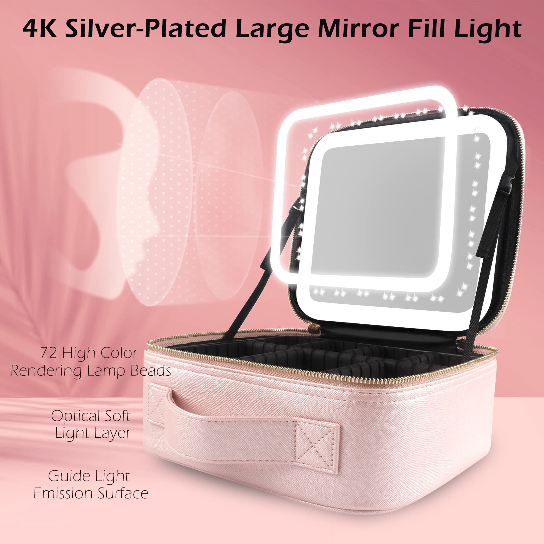 WangSelect Lighted Makeup Case with Full-screen HD Mirror Travel Makeup Train Case with Adjustable Dividers Cosmetic bag with Foldable 1x/10x Magnifying Mirror and Jewelry Box Phosphor
