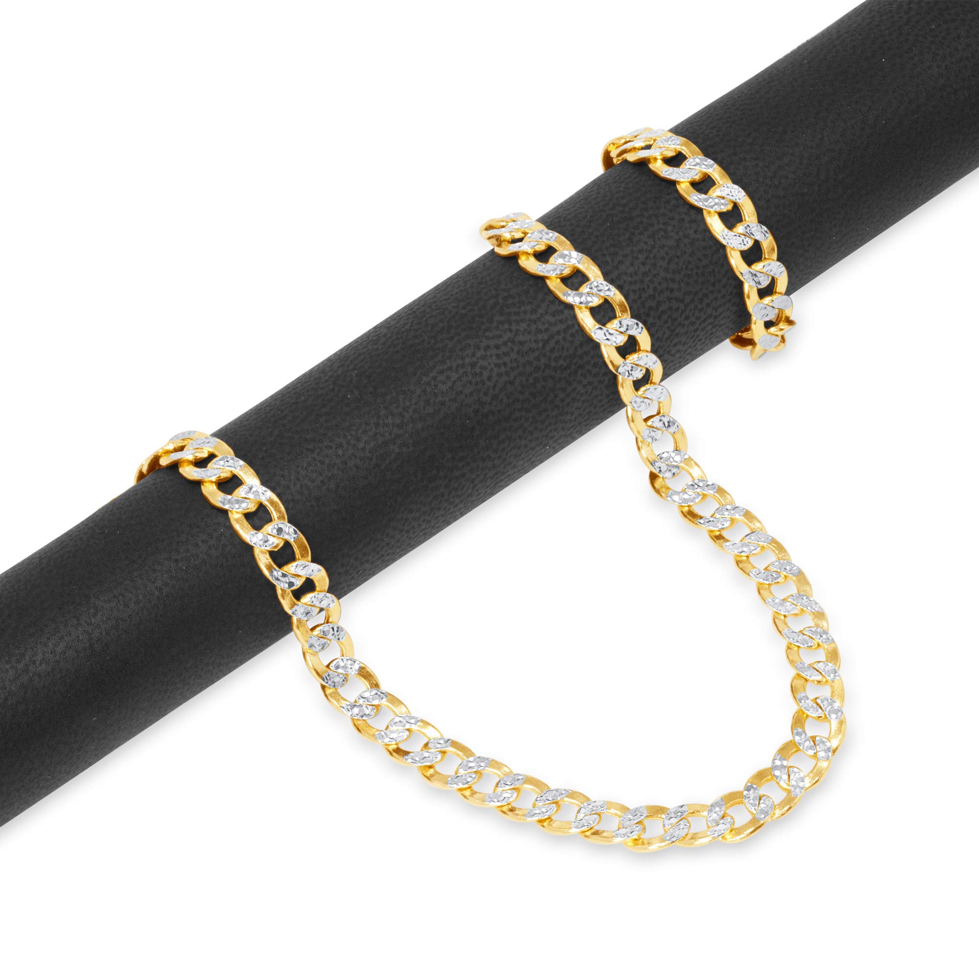 Nuragold 14k Yellow Gold 7mm Cuban Chain Curb Link Diamond Cut Pave Two Tone Bracelet, Mens Womens Jewelry 7" 7.5" 8" 8.5" 9"