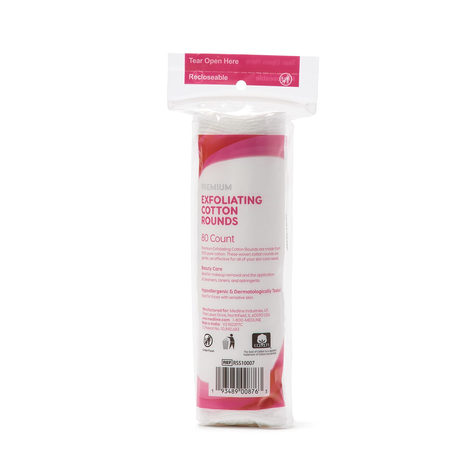Medline Simply Soft Hypoallergenic Exfoliating Dual Textured Cotton Rounds Pads, 80 Count (Pack of 6)