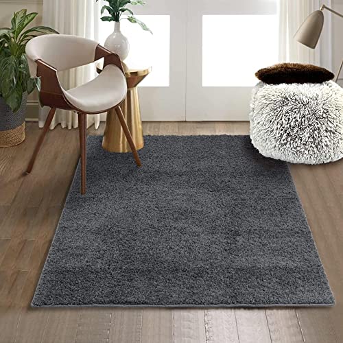 Zacoo Shag Area Rug 6x9 for Bedroom, Large Fluffy Comfy Area-Rug for Nursery Room Living Room Office Home Decor, Shed Resistant Anti Slip Rectangular Floor Carpet, Dark Gray, 6' x 9'