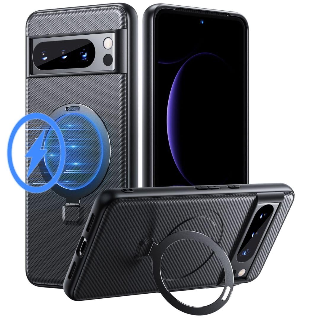 Lozeow for Pixel 8 Pro Magnetic Case with Stand, [Compatible with MagSafe] [12FT Military Drop Protection] Carbon Fiber Slim Cover for Google Pixel 8 Pro, Black