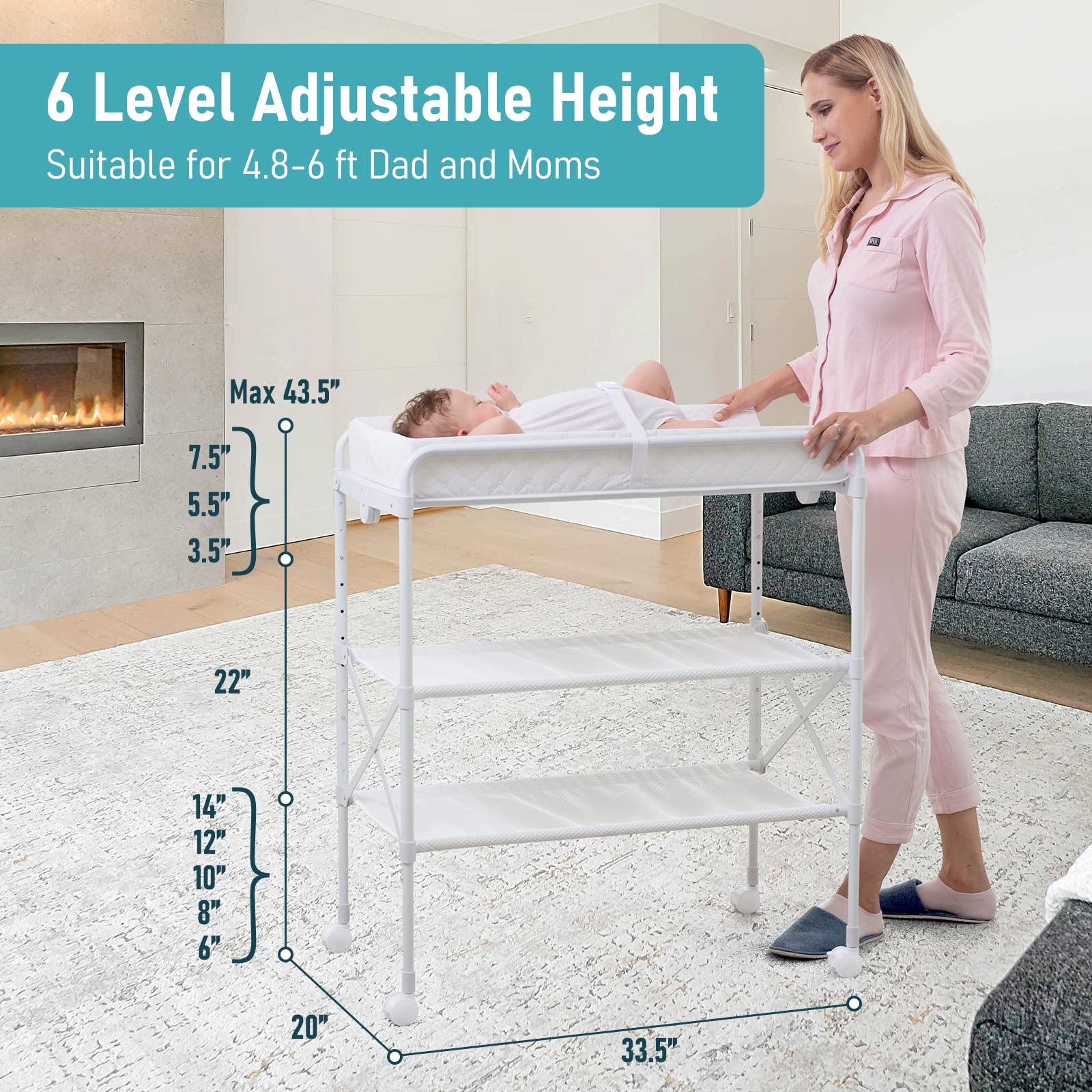 White Portable Changing Table, Baby Changing Station Foldable Baby Changing Table Dresser with Storage, Adjustable Height Waterproof Folding Mobile Diaper Station Pad with Wheels for Infant Nursery