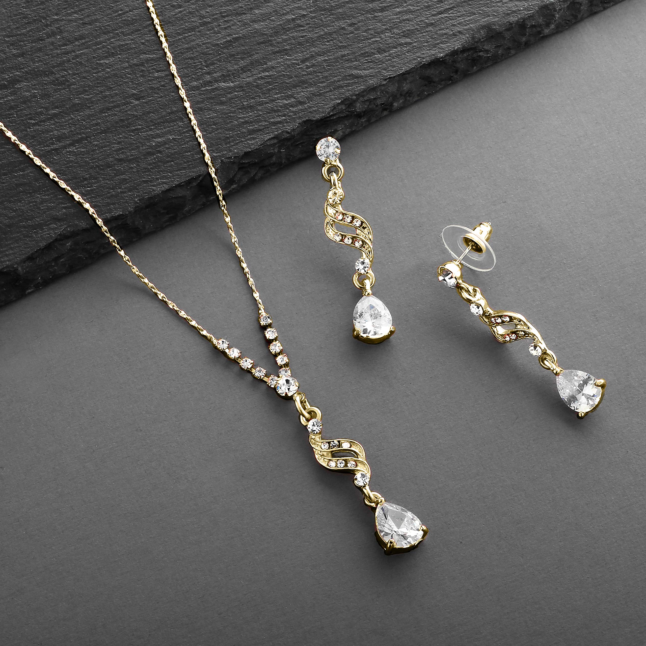 Mariell Gold Cubic Zirconia Prom Jewelry Set, Necklace & Earrings Set for Weddings, Brides, Bridesmaids