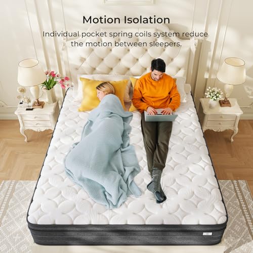 koorlian Queen Size Mattress, 12 Inch Hybrid Queen Mattress in a Box, 3 Layer Premium Foam with Pocket Springs for Motion Isolation and Pressure Relieving, Medium Firm Feel, 120-Night Trial