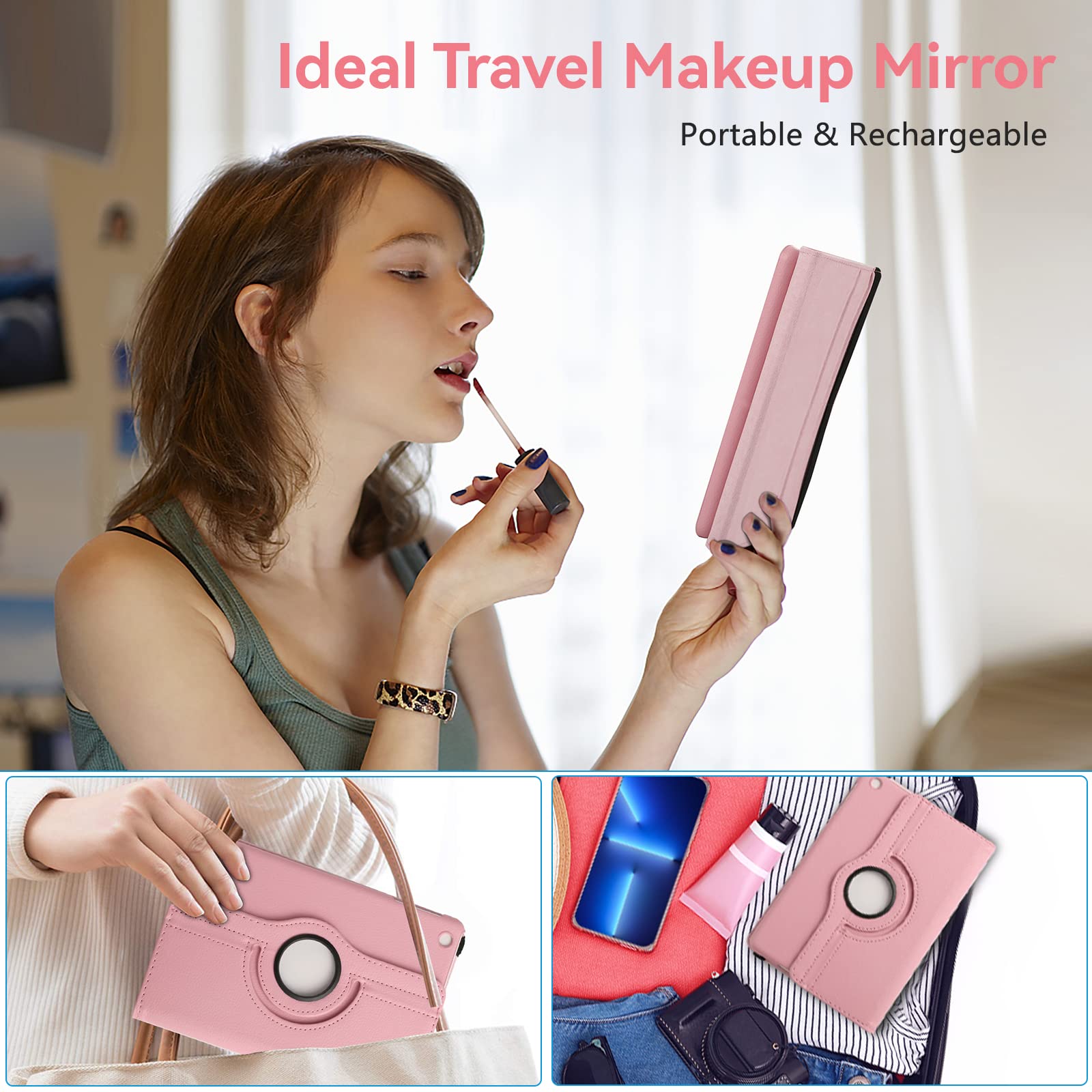 Travel Makeup Vanity Mirror with 72 LEDs ||Drop Protection|| 360° Rotation Lighted Folding Cosmetic Beauty Mirror, Touch Control 3 Colors Light Modes, USB Rechargable, Ultra Thin Tabletop Mirror