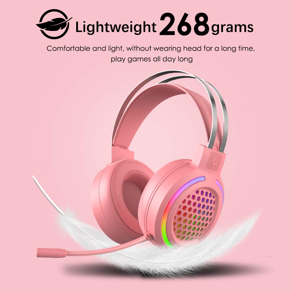 Pink Wireless Gaming Keyboard and Mouse Wired Headphones and Mice pad Backlight Bundle 2.4GHz Rechargeable Retro Keyboard and Rainbow Blacklit Mouse with 3D Stereo Gaming Headset for Laptop, PC