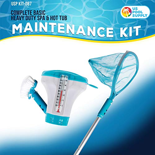 U.S. Pool Supply Professional Heavy Duty Spa, Hot Tub, Pond Cleaning & Maintenance Set - Small Skimmer Net, Deep Fine Mesh Netting, Spa Scrubbing Brush, 4 Ft Pole, Floating Chlorine Chemical Dispenser