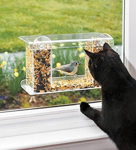 Wind & Weather Clear Mirrored Window Bird Feeder | Strong Suction Cups | Easy to Fill and Clean | Holds Approximately 1 LB of Seed | 13" L x 5" D x 7" H | for Glass Window Perch Elderly and Kids