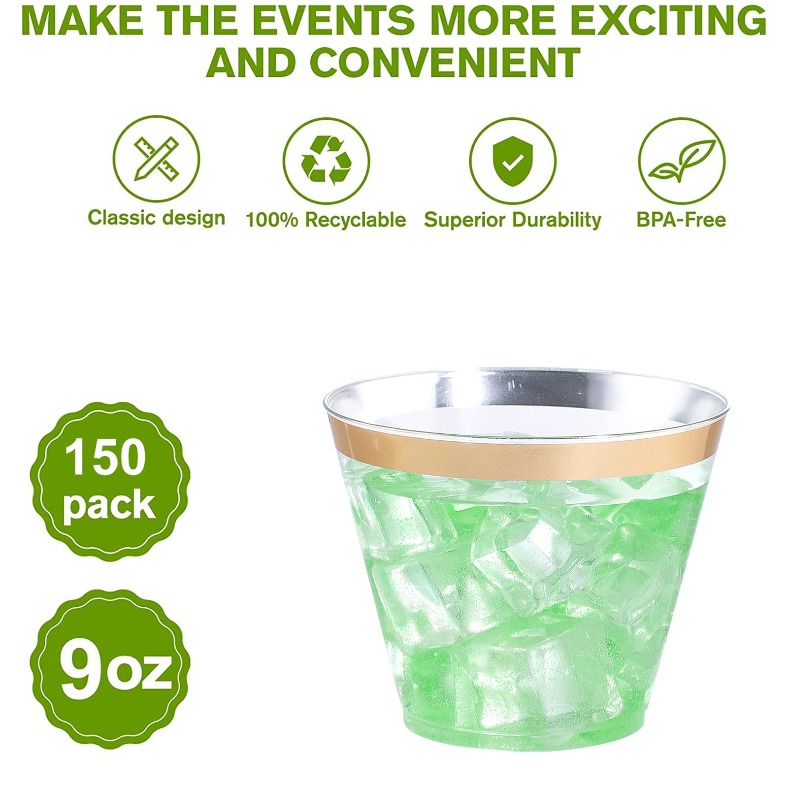 LUODA 150 PACK Gold Rimmed Plastic Cups - 9OZ Disposable Plastic Cups Tumblers, Clear Fancy Weddings Cups, Elegant Party Cups with Gold Rim