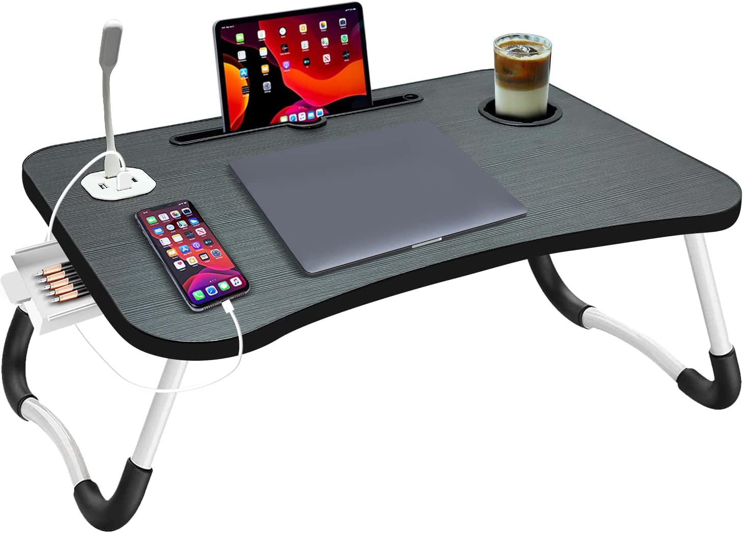 Lap Desk for Laptop, Foldable Bed Desk Table with USB Charge Port/Cup Holder/Storage Drawer, Laptop Stand for Bed/Couch/Sofa Working, Reading