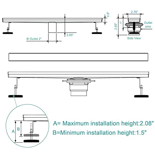 SR SUN RISE 24 Inch Linear Shower Floor Drain with Extra PVC Shower Drain Base, Rectangle Shower Drain with Tile Insert Grate and Hair Strainer Adjustable Leveling Feet, Brushed 304 Stainless Finished