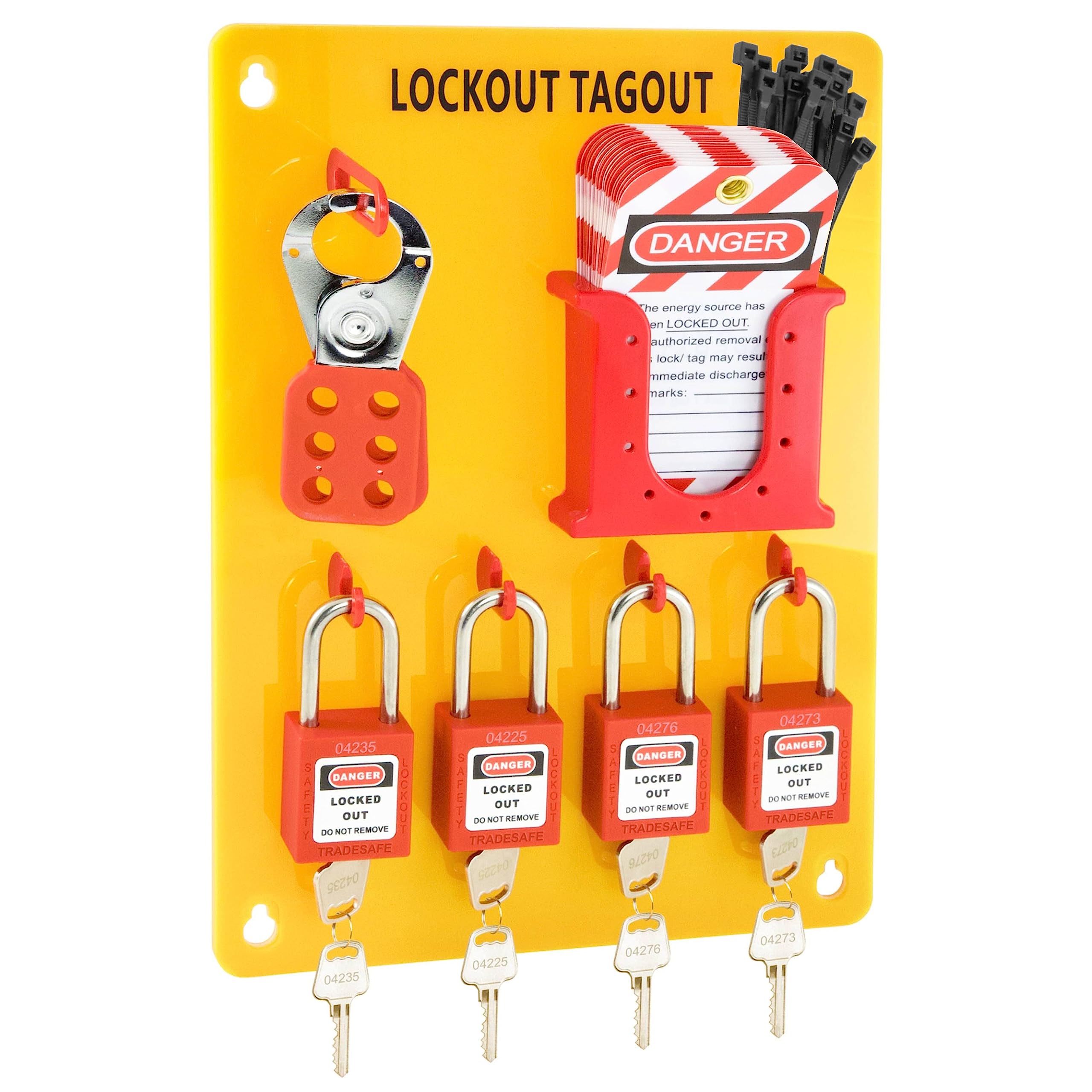 TRADESAFE Lockout Tagout Station With LOTO Devices - Lock Out Tag Out Kit Board With 4 Pack Safety Lock Set, Hasp For Padlocks, 20 Do Not Operate Tags For Lockout Safety Supply, OSHA Compliance
