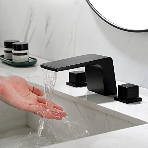 SHAMANDA Waterfall Bathroom Faucet 3 Hole, 2 Square Handle Widespread Rv Lavatory Sink Faucet with cUPC Water Supply Lines, Solid Brass, Matte Black, LB401-7